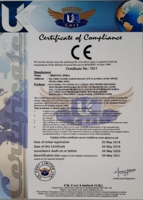 New certificate | Bristol India CARDIOPRINT ECG Paper and Disposable ...
